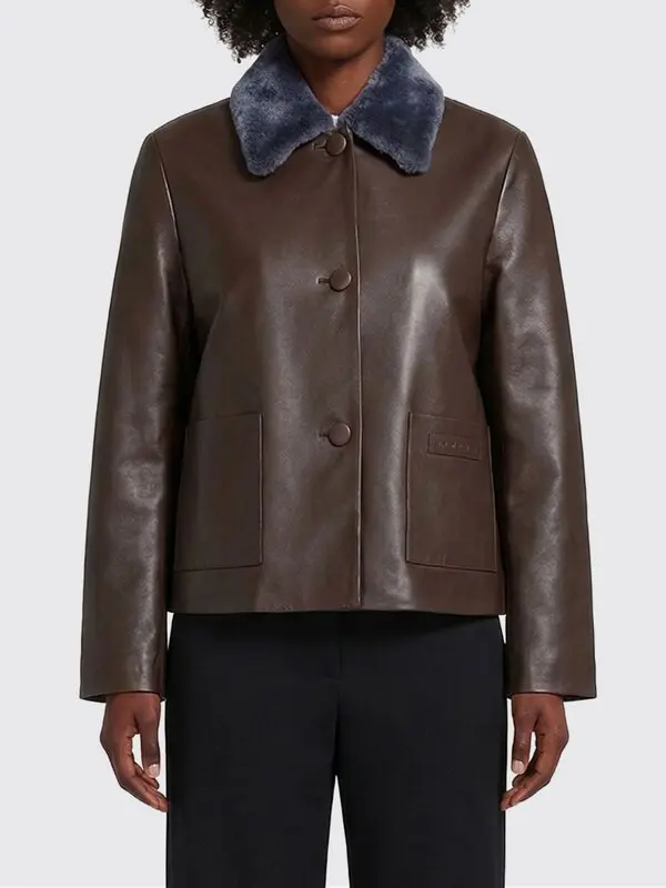 Marni Leather Jacket With Fur Collar - Cocoa