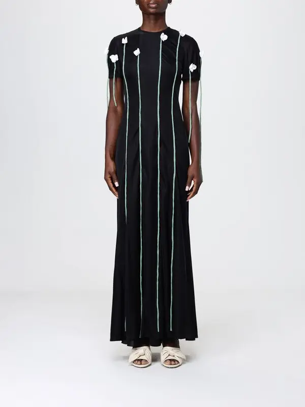 Moschino Black Dress With Floral Applique - Pink