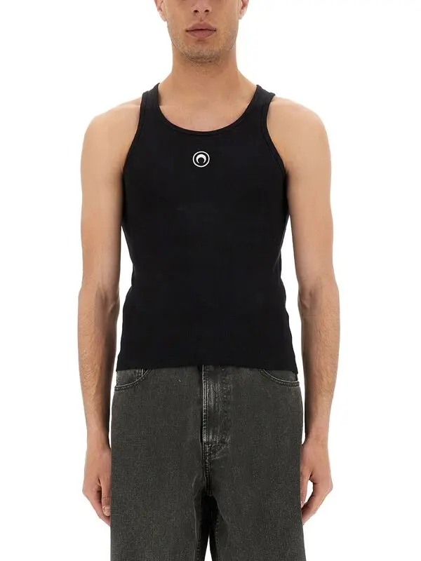 MARINE SERRE Ribbed Tank Top With Logo - Black