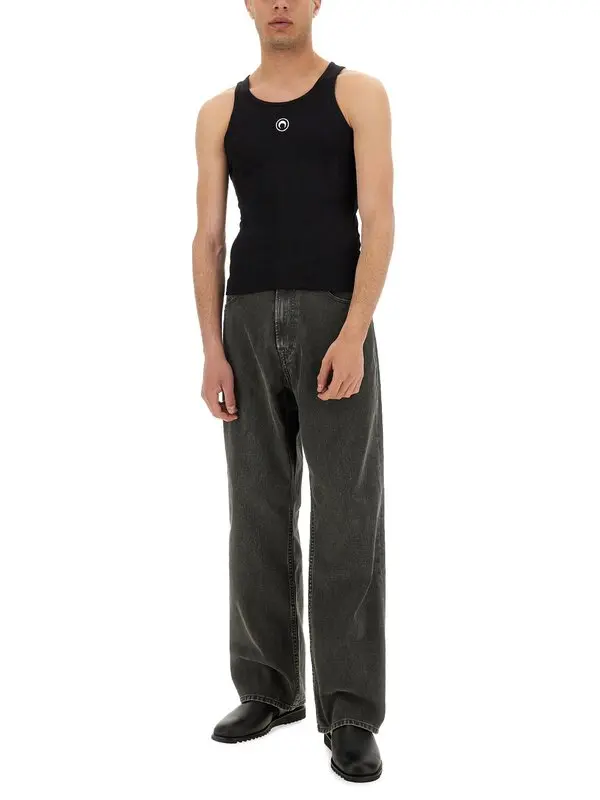 MARINE SERRE Ribbed Tank Top With Logo - Black