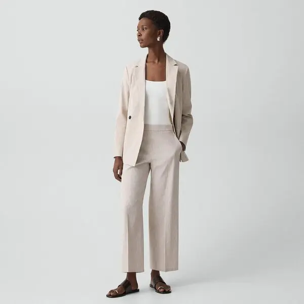 Theory Classic Straight Pull-on Pant In Textured Linen - Cognac Multi