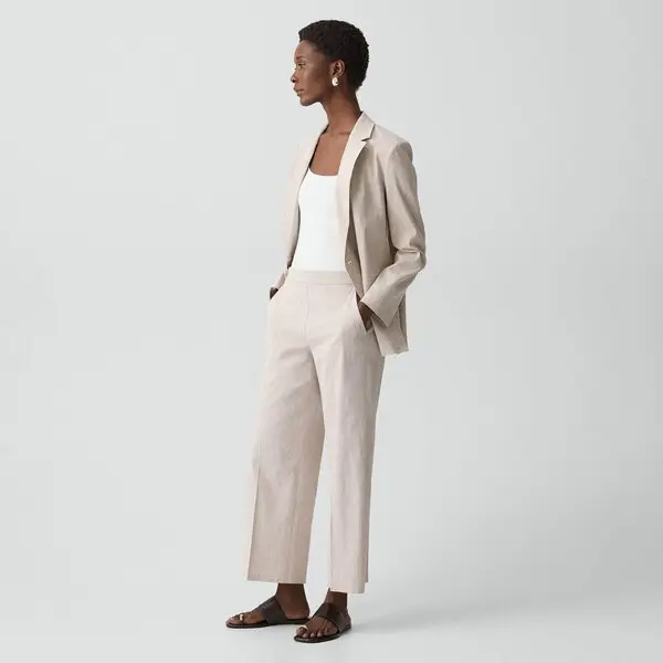Theory Classic Straight Pull-on Pant In Textured Linen - Cognac Multi