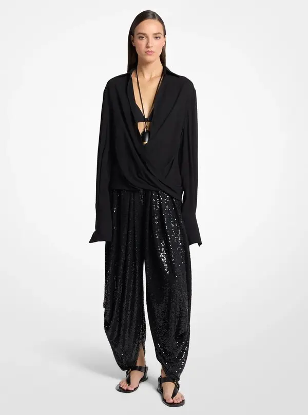 Michael Kors Hand-embellished Sequin Georgette Jersey Draped Pants - Black