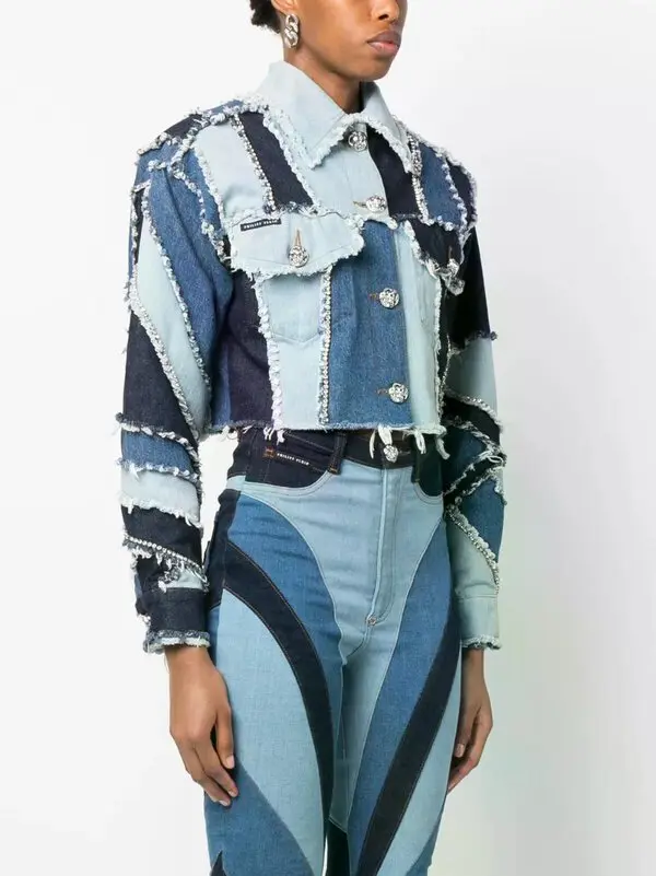 Philipp Plein Denim Patchwork Cropped Jacket