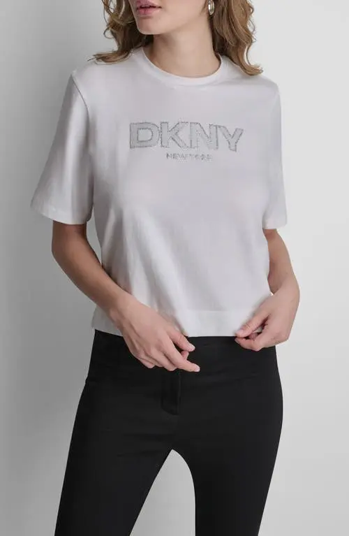 Dkny Rhinestone Border Logo Stretch Cotton Graphic T-shirt - White