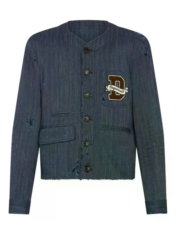 Dsquared2 Distressed Raw-cut Denim Jacket With Logo Patch - Blue
