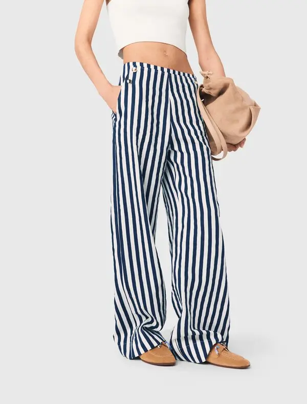 Maje Linen Blend Sailor Trousers - White/blue