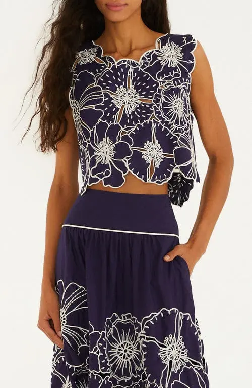 Farm Rio Richelieu Floral Embroidered Cropped Top