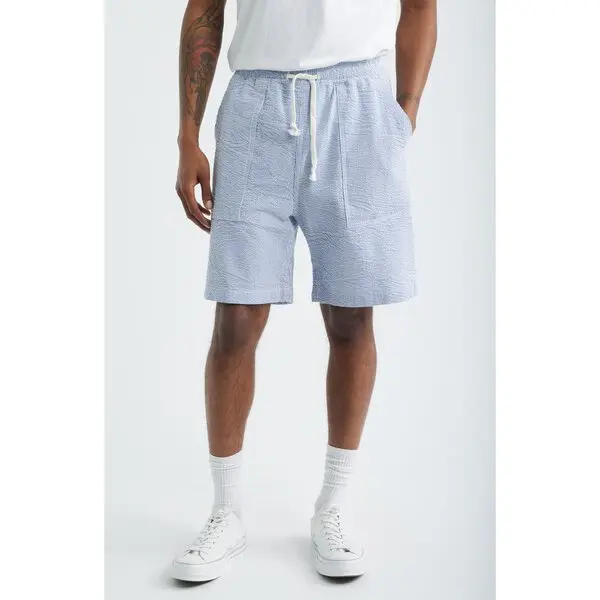 SERVICE WORKS Seersucker Organic Cotton Poplin Chef Shorts - Navy Stripe