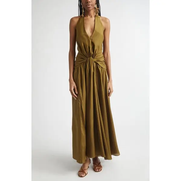 Zimmermann Indra Plunge Halter Silk Maxi Dress - Olive