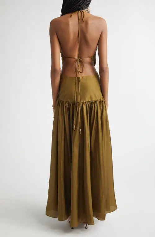 Zimmermann Indra Plunge Halter Silk Maxi Dress - Olive