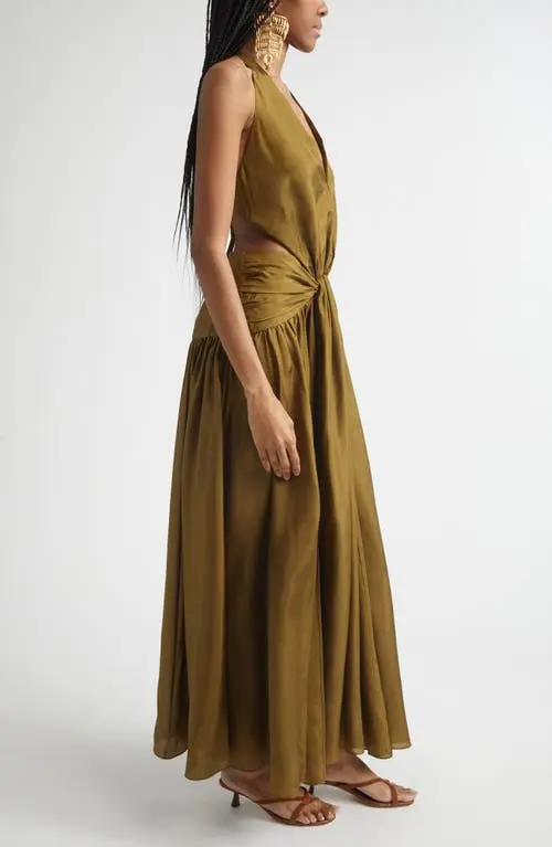 Zimmermann Indra Plunge Halter Silk Maxi Dress - Olive
