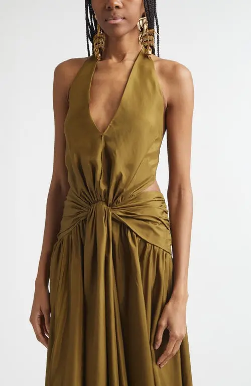Zimmermann Indra Plunge Halter Silk Maxi Dress - Olive