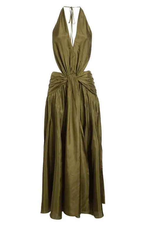 Zimmermann Indra Plunge Halter Silk Maxi Dress - Olive
