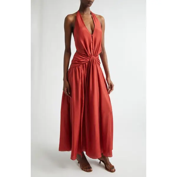 Zimmermann Indra Plunge Halter Silk Maxi Dress - Raspberry