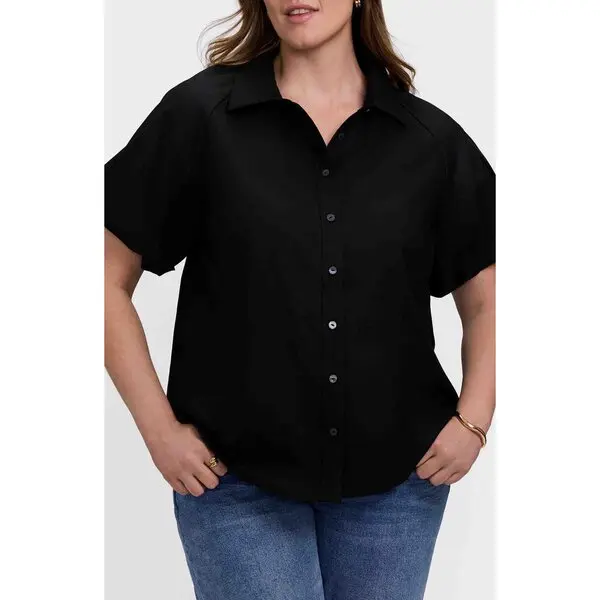 Foxcroft Cotton Blend Button-up Shirt With Puff Sleeves - Black