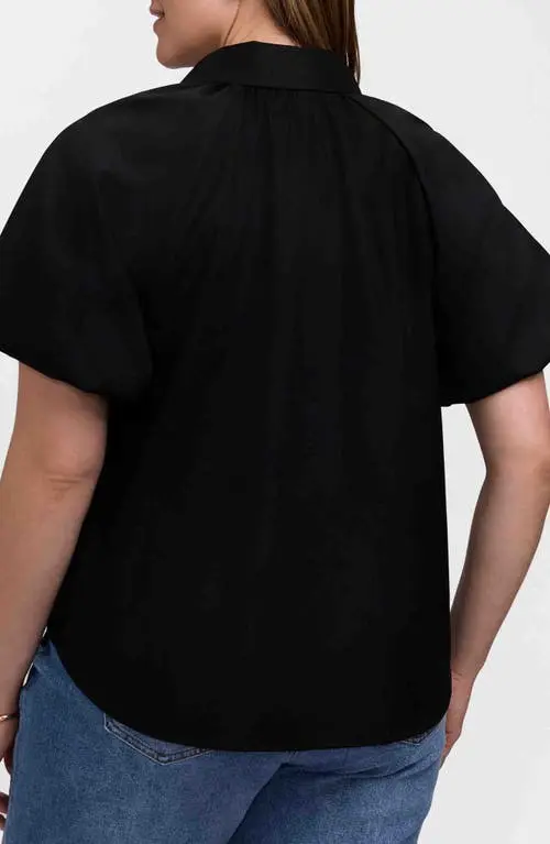 Foxcroft Cotton Blend Button-up Shirt With Puff Sleeves - Black