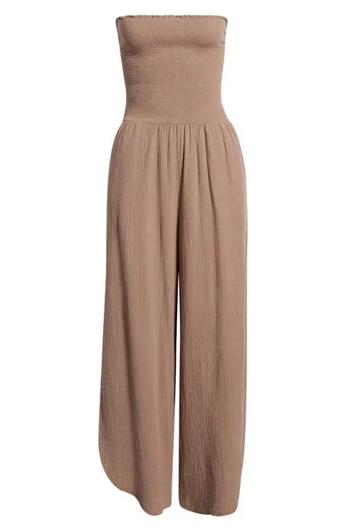 Elan Strapless Smocked Bodice Cotton Gauze Jumpsuit - Taupe