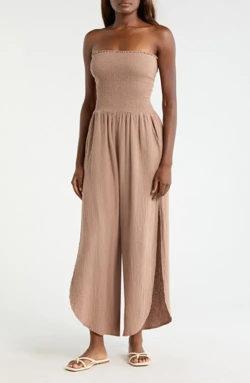 Elan Strapless Smocked Bodice Cotton Gauze Jumpsuit - Taupe