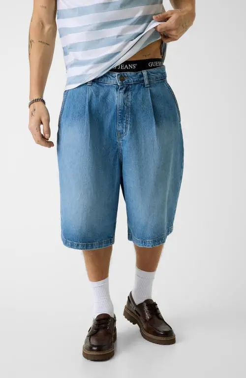 Guess Pleated Baggy Denim Shorts - Light Blue