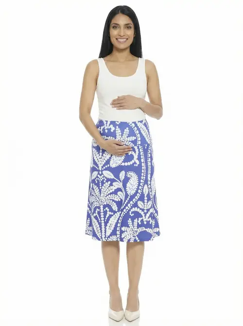24SEVEN COMFORT APPAREL Maternity Paisley Elastic Waist Knee Length A-line Skirt - Blue Multi