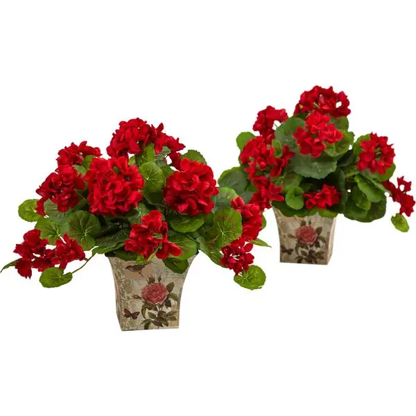 NEARLY NATURAL 11-in Geranium Flowering Artificial Plant With Floral Planter - Red