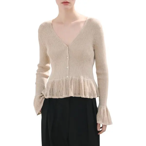 Mango Ruffle Trim Pointelle Cardigan - Sand