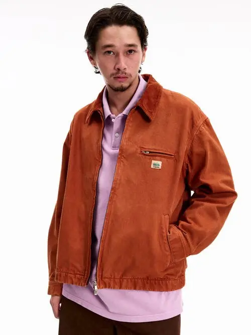 VOWELS Cord Collared Zip-up Denim Jacket - Persimmon
