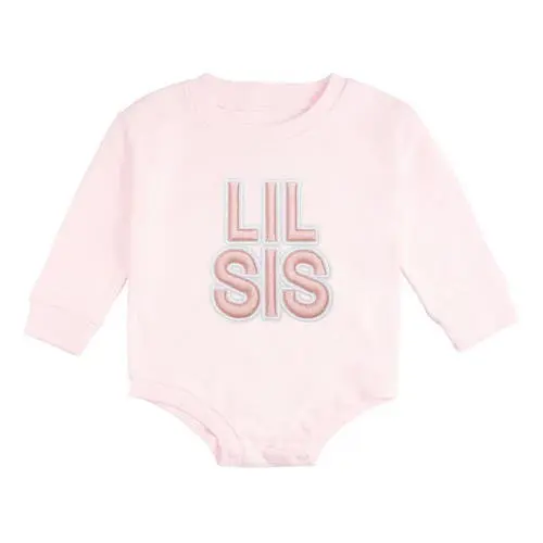 SWEET WINK Lil Sis Embroidered Patch Long Sleeve Romper - Ballet Pink