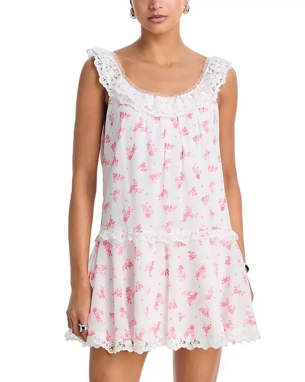 Aqua Ditsy Floral Lace Ruffle Mini Dress - White/red