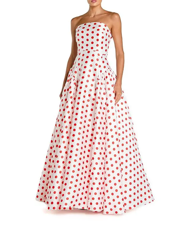 Mac Duggal Strapless Polka Dot Mikado Ballgown - White Multi