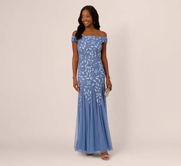Adrianna Papell Off Shoulder Floral Beaded Godet Gown - French Blue