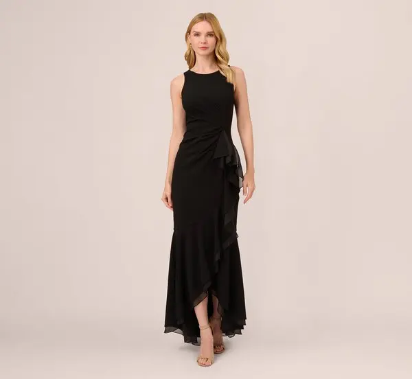 Adrianna Papell High Low Crepe Halter Gown With Organza Draping - Black