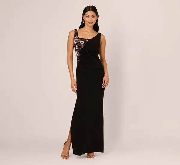 Adrianna Papell Sleeveless Asymmetrical Floral Beaded Jersey Gown - Black Multi