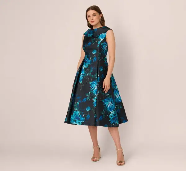 Adrianna Papell Sleeveless Roll Collar Floral Midi Dress - Navy Multi