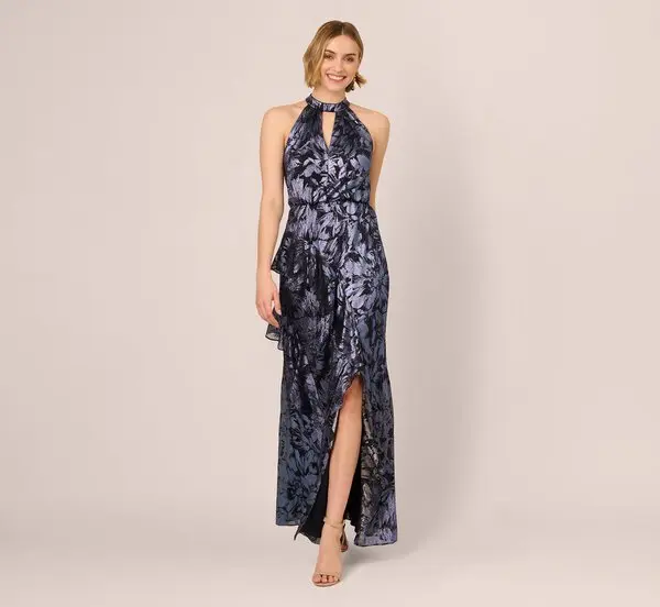 Adrianna Papell Crinkle Metallic Keyhole Halter Ruffle Gown - Navy