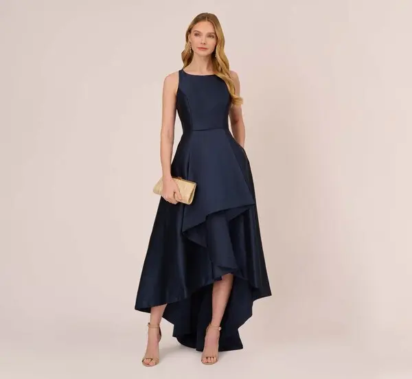 Adrianna Papell High Low Mikado Gown With Asymmetrical Detail - Midnight
