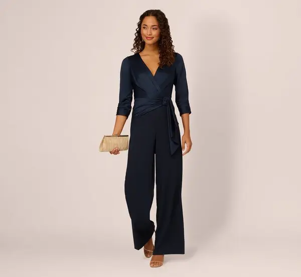 Adrianna Papell Satin Crepe Jumpsuit With Buckle Waist - Dark Navy