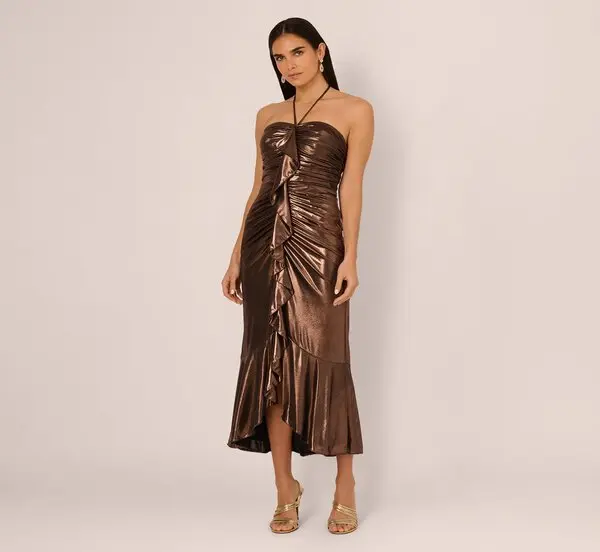 Adrianna Papell Foil Ruched Ruffle Halter Midi Dress