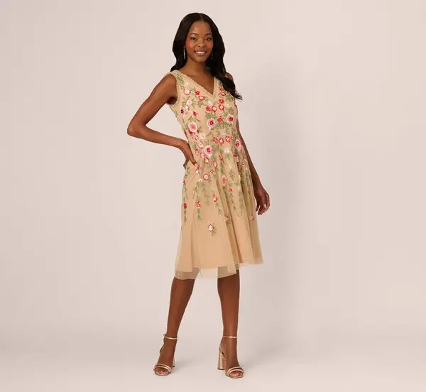 Adrianna Papell Sleeveless Fringe Trim Floral Beaded Midi Dress - Nude Multi