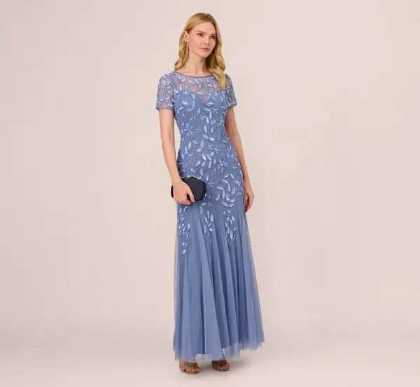 Adrianna Papell Hand Beaded Short Sleeve Floral Godet Gown - French Blue