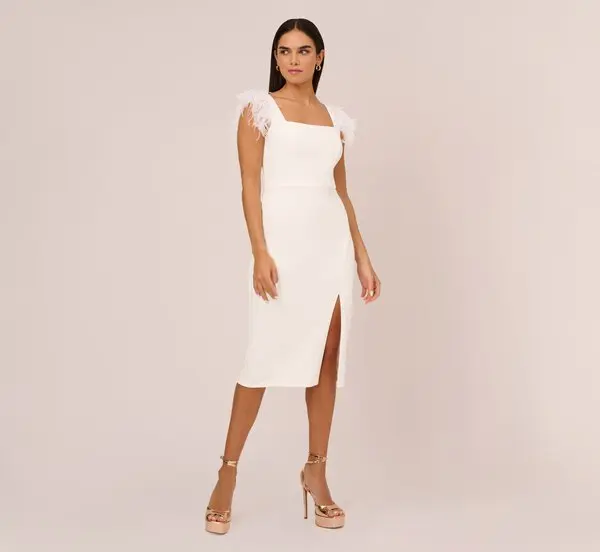 Adrianna Papell Knit Crepe Midi Dress With Feather Shoulder Accents - Ivory