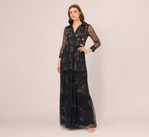 Adrianna Papell Three Quarter Sleeve Collared Floral Beaded Gown - Midnight Multi