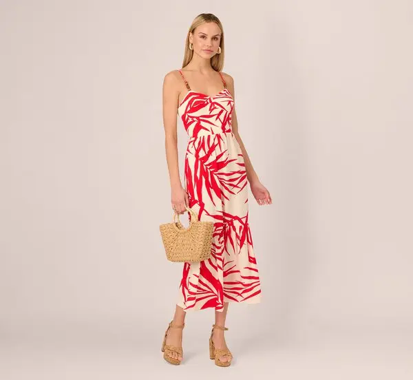 Adrianna Papell Beaded Strap Palm Leaf Flounce Sundress In Red Ivory - Red/ivory