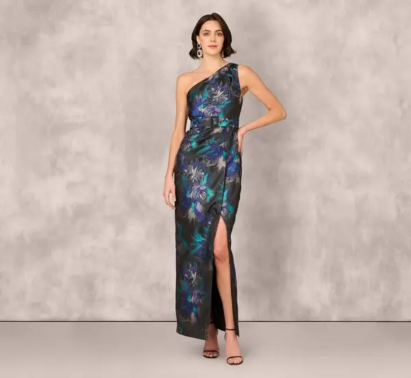 Aidan Mattox One Shoulder Floral Jacquard Belted Gown - Blue Multi