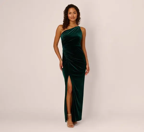 Adrianna Papell One Shoulder Draped Velvet Gown With Chain Accent - Emerald