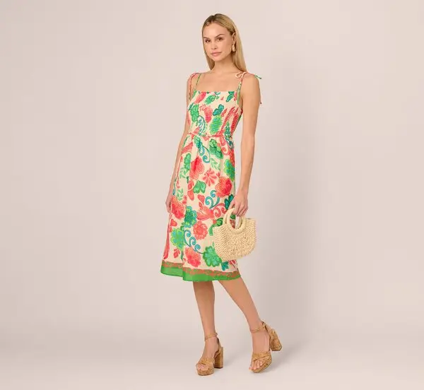 Adrianna Papell Floral Shirred Cotton Midi Sundress - Ivory Multi