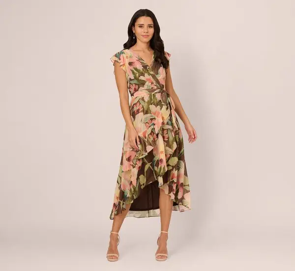 Adrianna Papell Flutter Sleeve High Low Midi Wrap Dress - Brown Multi