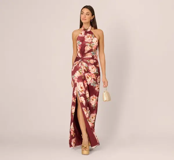 Adrianna Papell Floral Satin Twist Waist Halter Gown - Brown Multi