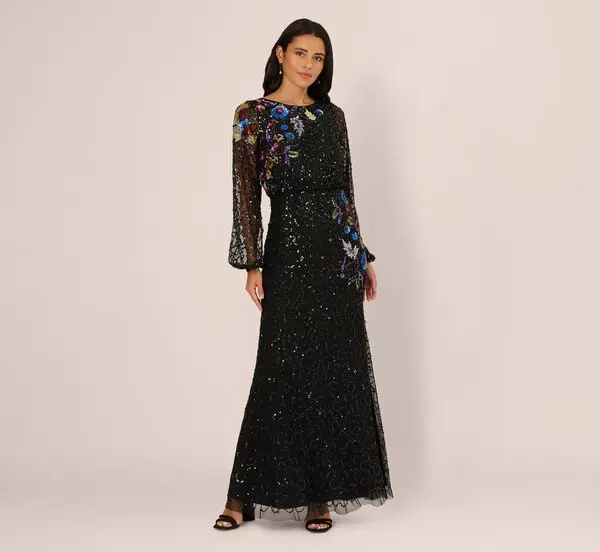 Adrianna Papell Bishop Sleeve Floral Sequin Bead Gown